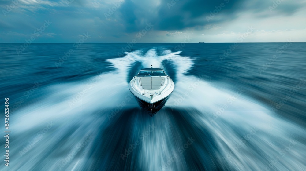 Big boat in motion on the water top view. Luxury speedboat with people ...