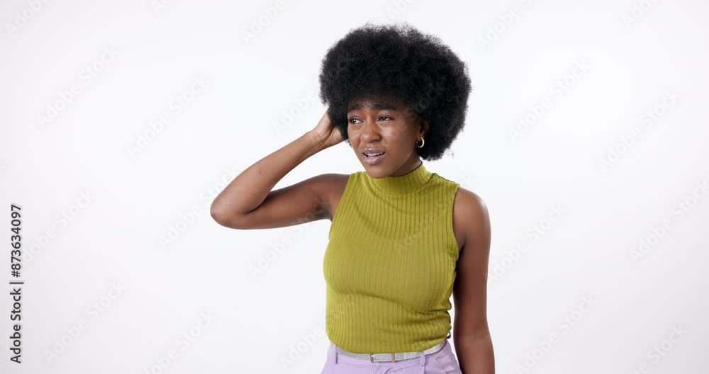 Confused, thinking or black woman in studio with why, questions or ...