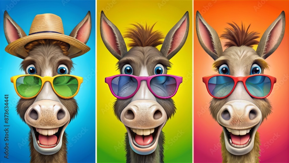 Adorable cartoon donkey faces with goofy expressions wearing hats and ...