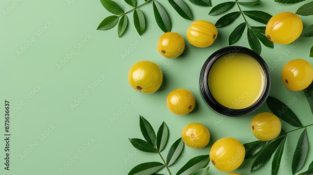 Amla Extract in a chic container, with amla fruits and leaves, on a ...