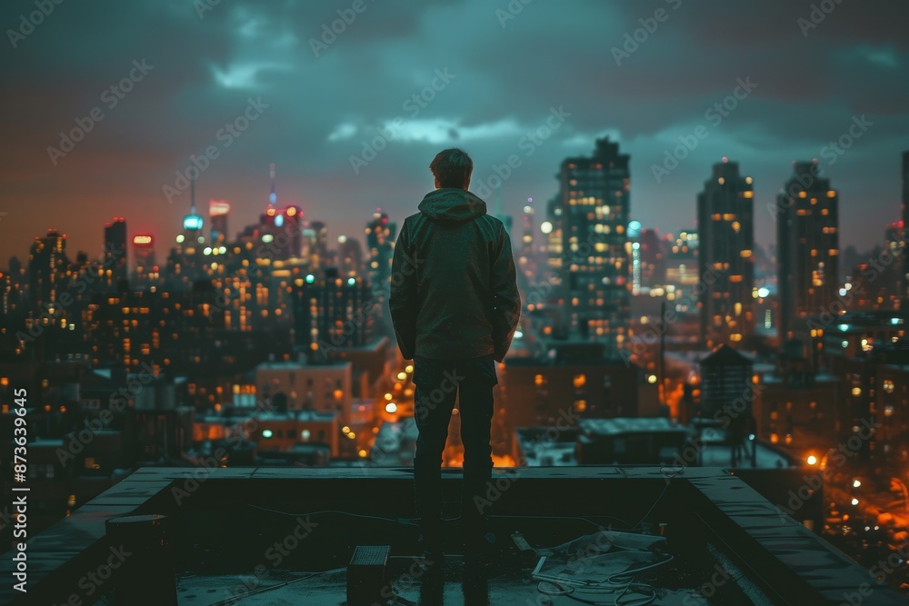 Single man, city skyline, standing on rooftop, wideangle shot, night ...
