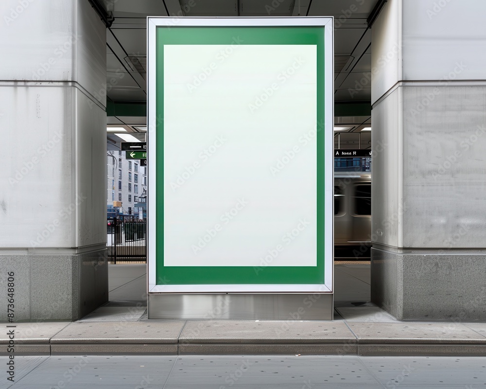 Blank vertical billboard with green border in urban train station ...