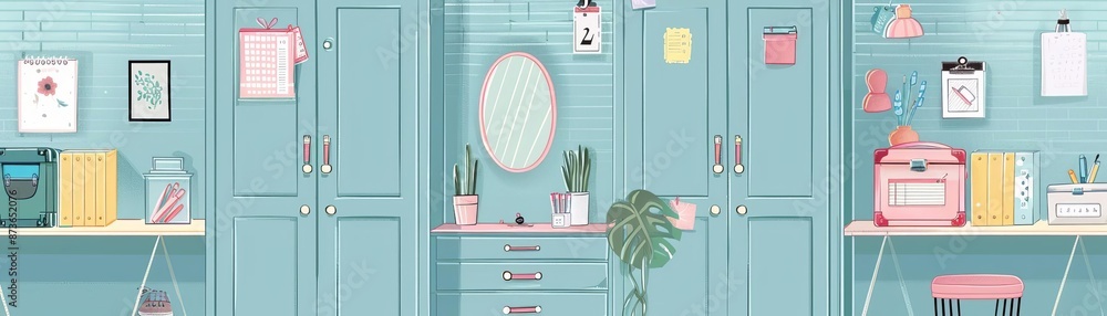 Inside of a decorated locker with photos, mirrors, and stationery in a ...
