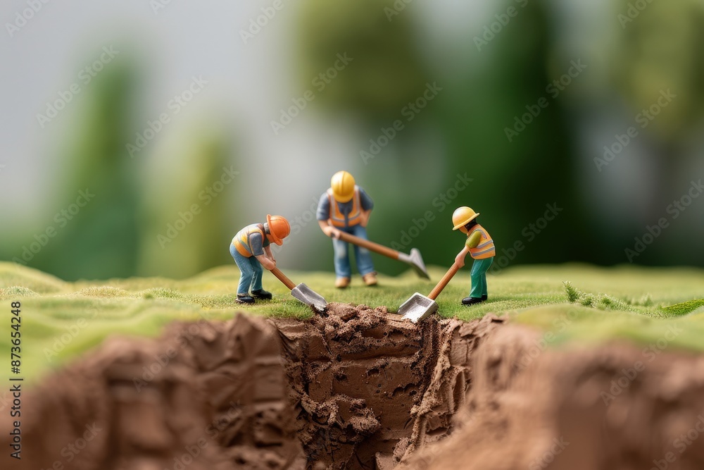 Tiny construction workers digging a trench with shovels in a green ...