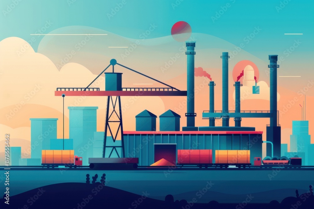 Modern industrial scene with factory, cranes, and trucks set against a ...