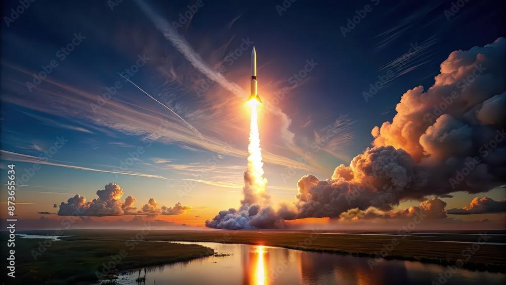 V2 rocket launching at dawn, leaving a fiery trail in the sky, rocket ...