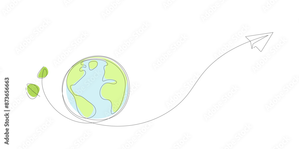 Earth and Paper Airplane. Continuous line art drawing. Go green ...