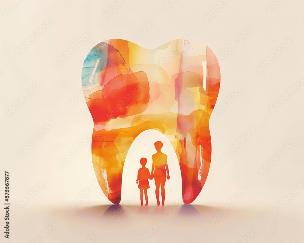 Create a watercolor painting of a tooth. Inside the tooth is a ...