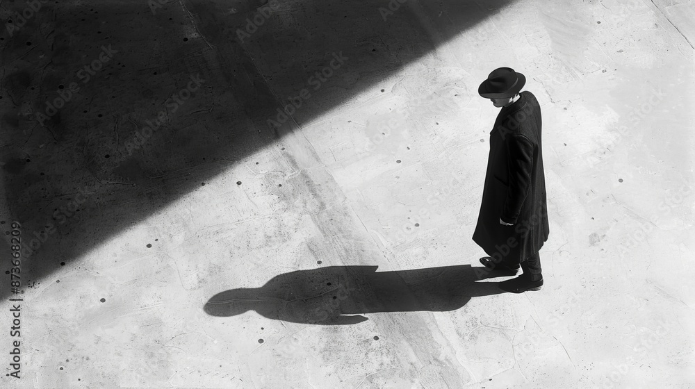 A man, his shadow cast on the ground. Minimalist black and white ...
