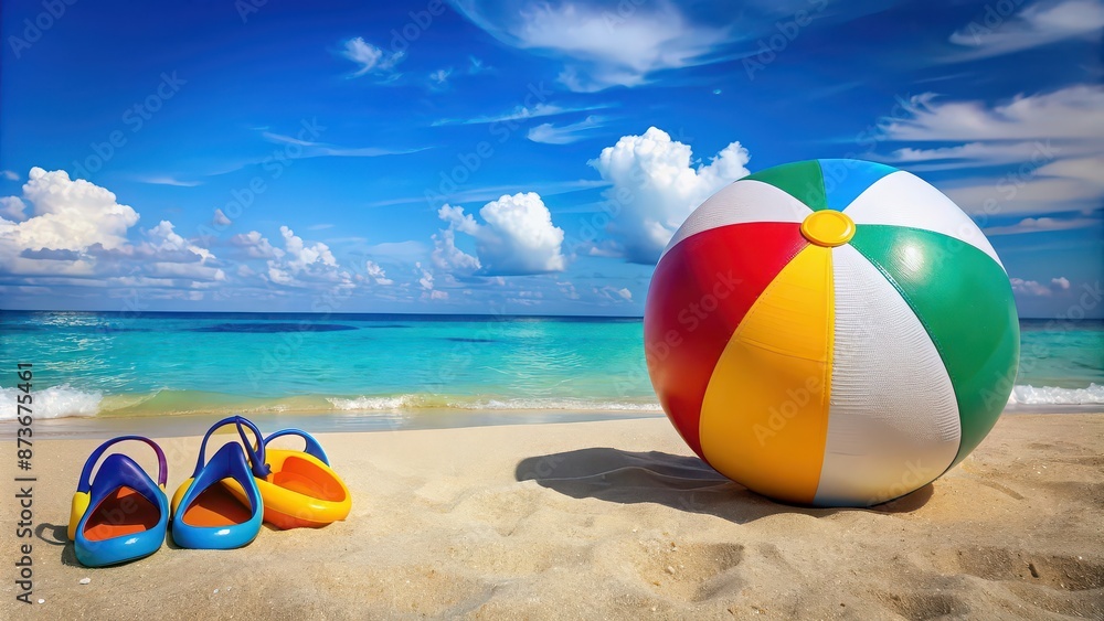 Colorful beach ball, snorkeling gear, and flip flops on sandy beach ...