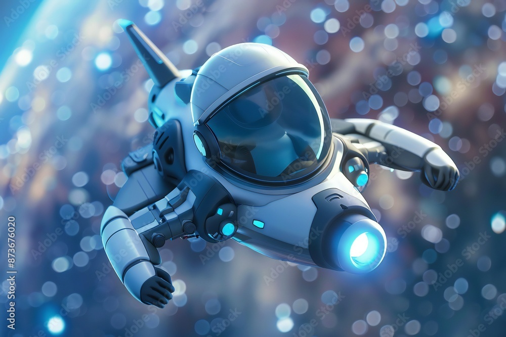 Robot pilot flying a spaceship in outer space in 3D render cartoon ...