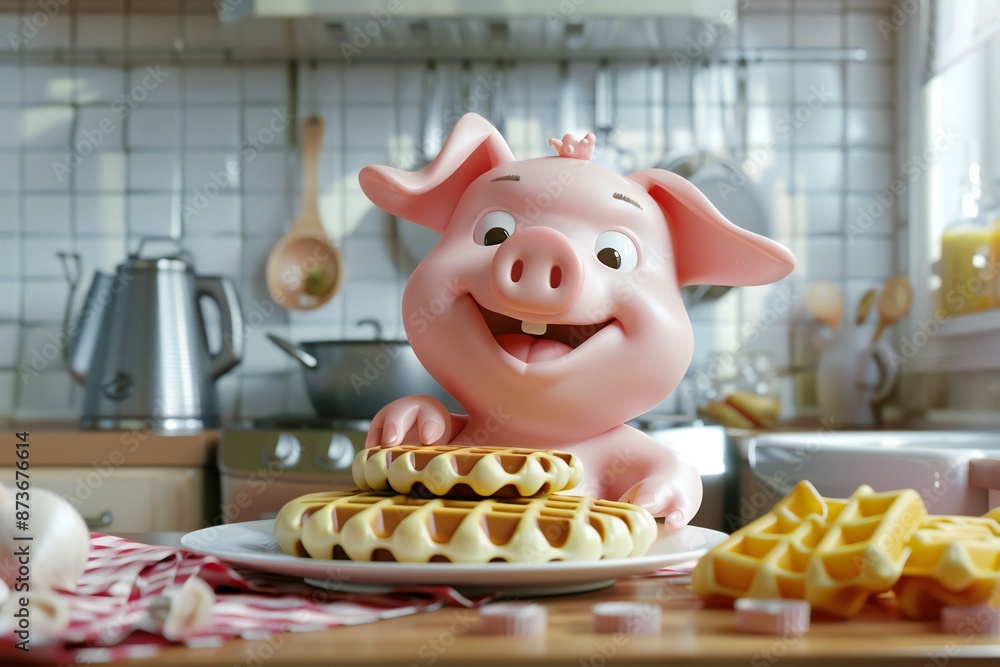 Cute cartoon pig making waffles in the kitchen in 3D render cartoon ...