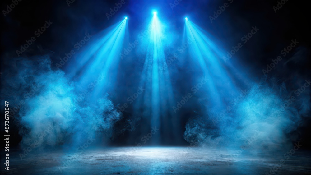Fog and haze effect on black background with spotlight beams and blue ...