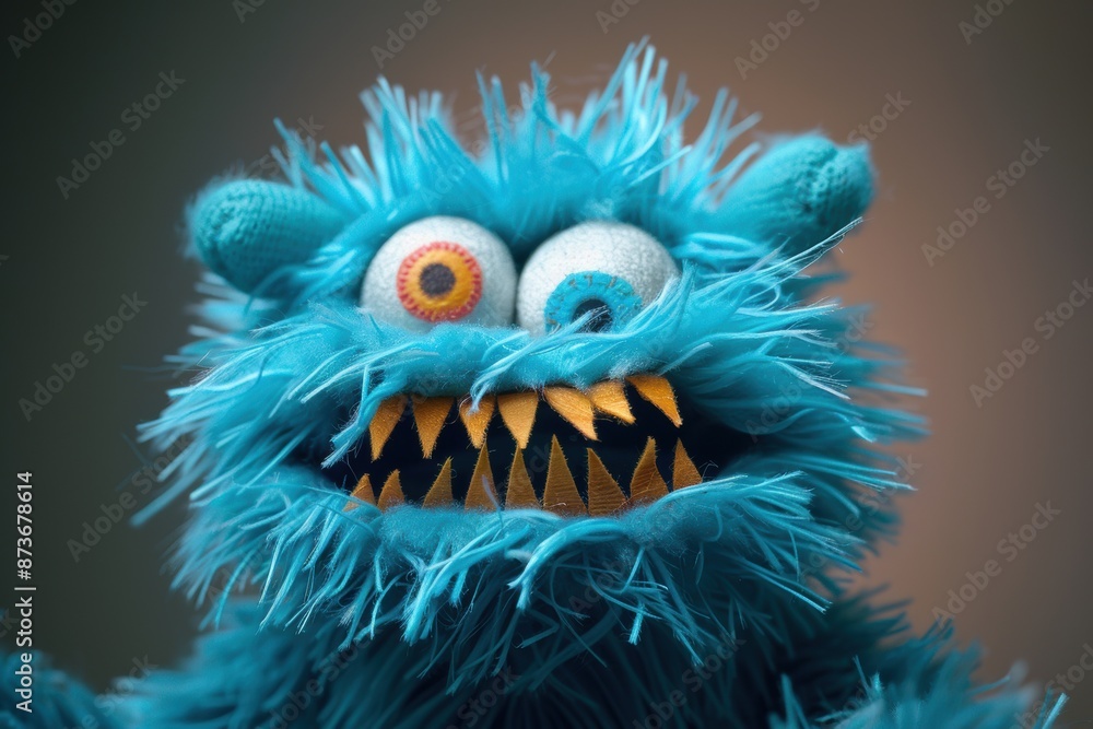 Featuring a bright blue, fuzzy monster with big eyes and sharp teeth ...