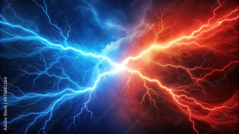 Battle between red and blue lightning in the background, red, blue ...