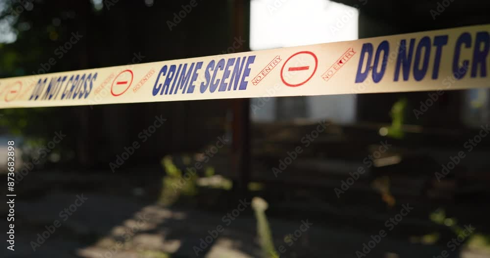 Crime, scene and ribbon with tape for warning, police crossing or ...