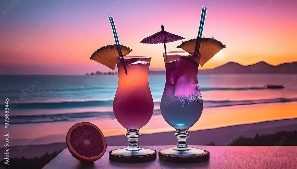 Tropical cocktails with umbrellas on a beach tray at sunset. Summery ...