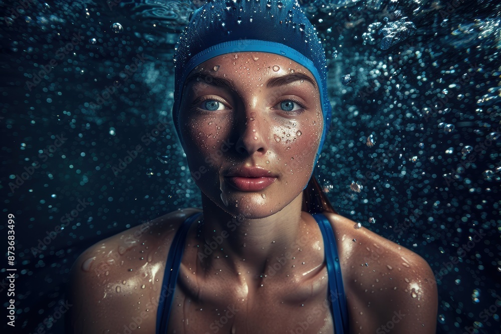 World-class swimmer's face in sharp studio lighting, water droplets ...