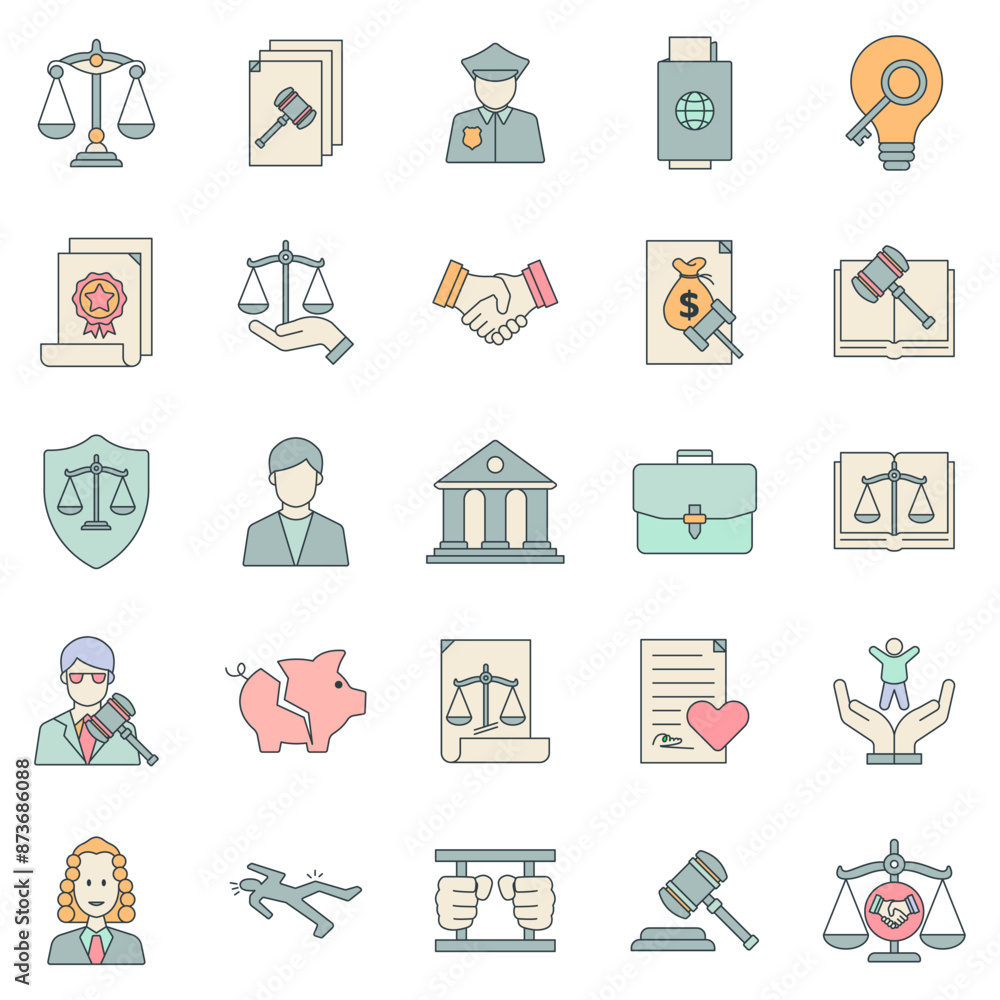 Legal and Law icons set, Included icons as Arbitration, Bankruptcy ...