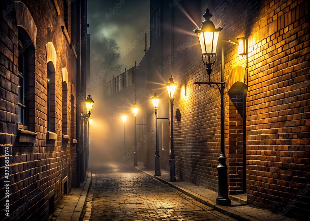 Dark alleyway at night with dimly lit street lamps, worn brick walls, and misty fog, creating an ...