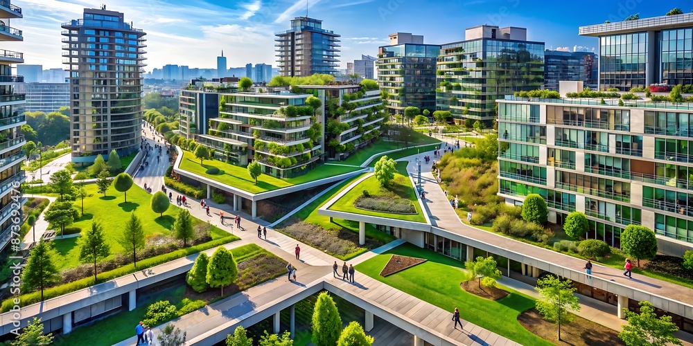 Modern urban complex with inclined green roofs, pedestrian-friendly walkways, and ample public ...