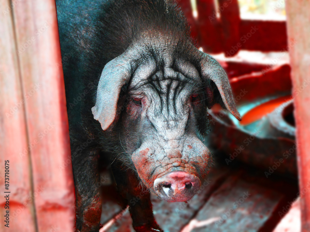 wild boar in the farm, wild boar in farm land, pig standing and lying ...