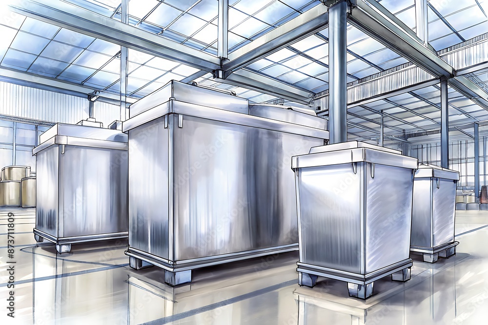 Silver stainless steel storage containers with lids aligned on a ...