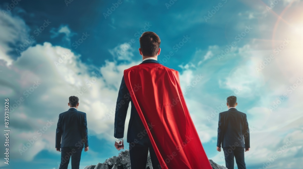 Three men in suits stand on a mountain, one of them wearing a red cape ...