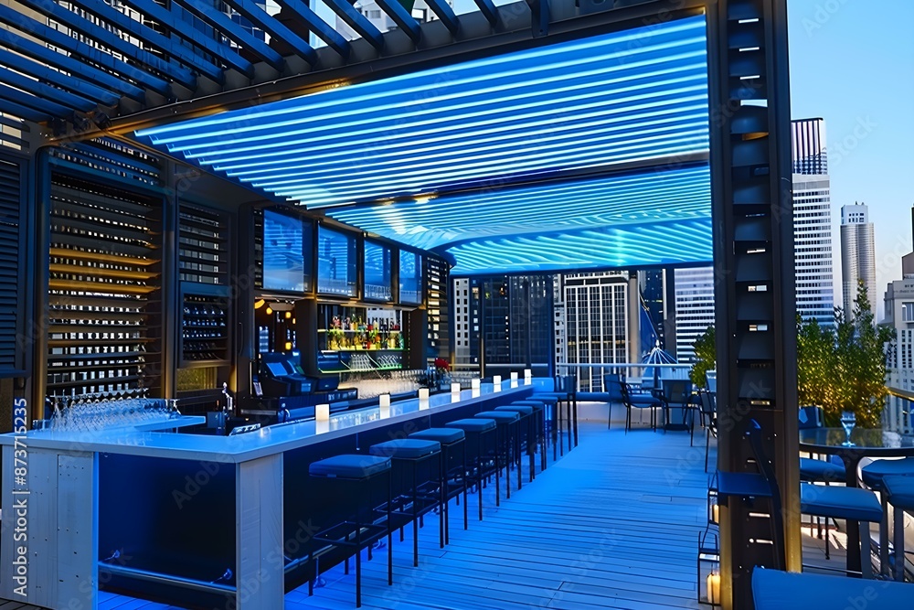 city rooftop bar with Bahama shutters in electric blue, creating a chic ...