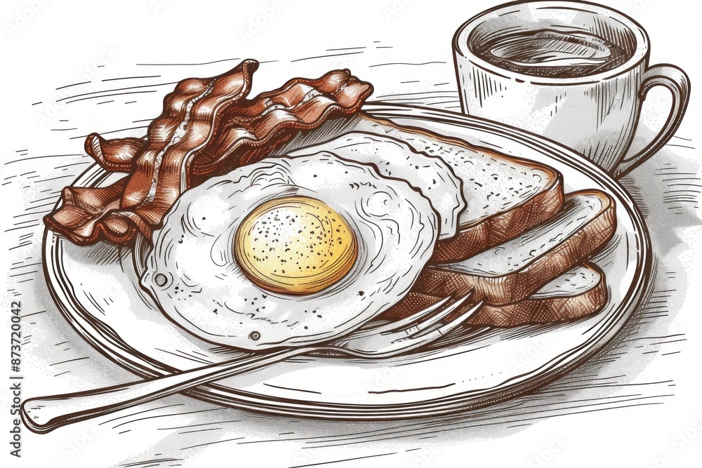 Intricate line art of a traditional breakfast plate, including eggs ...