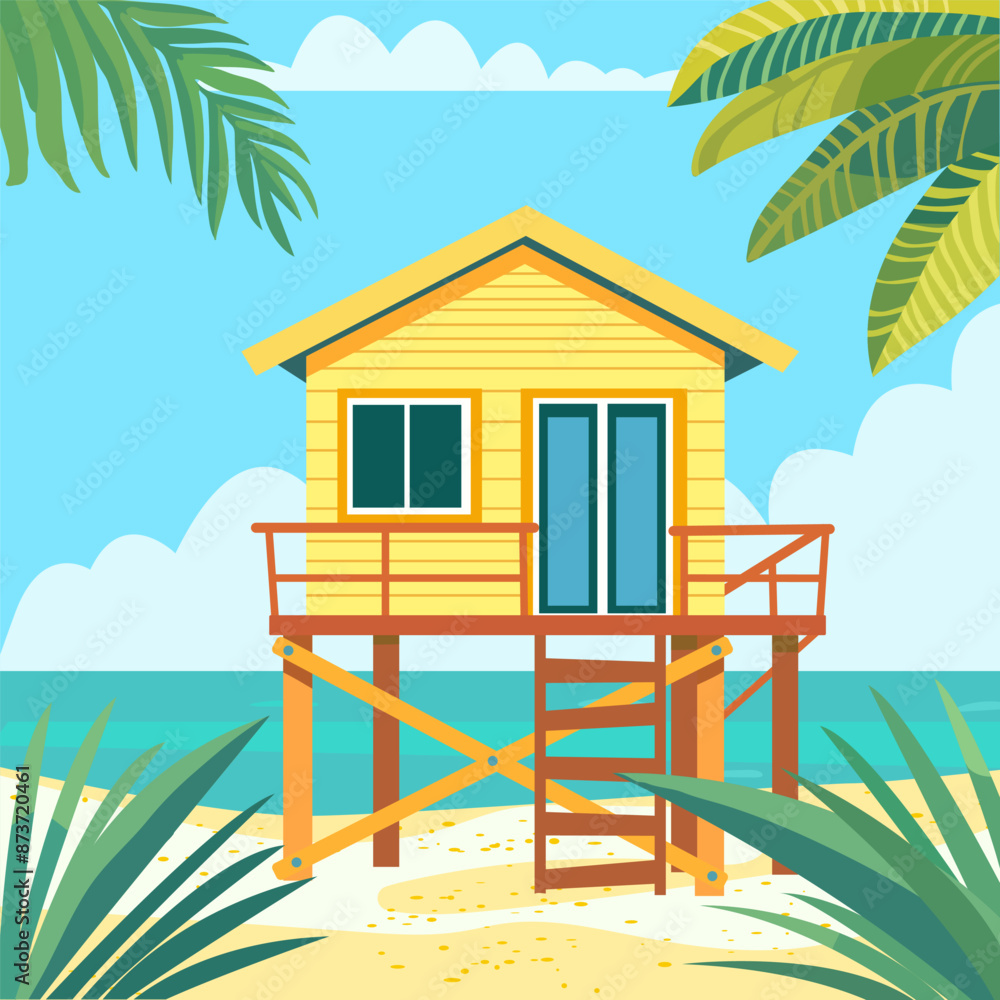 Cartoon beach house. Shack house on beachfront, bungalow country ...