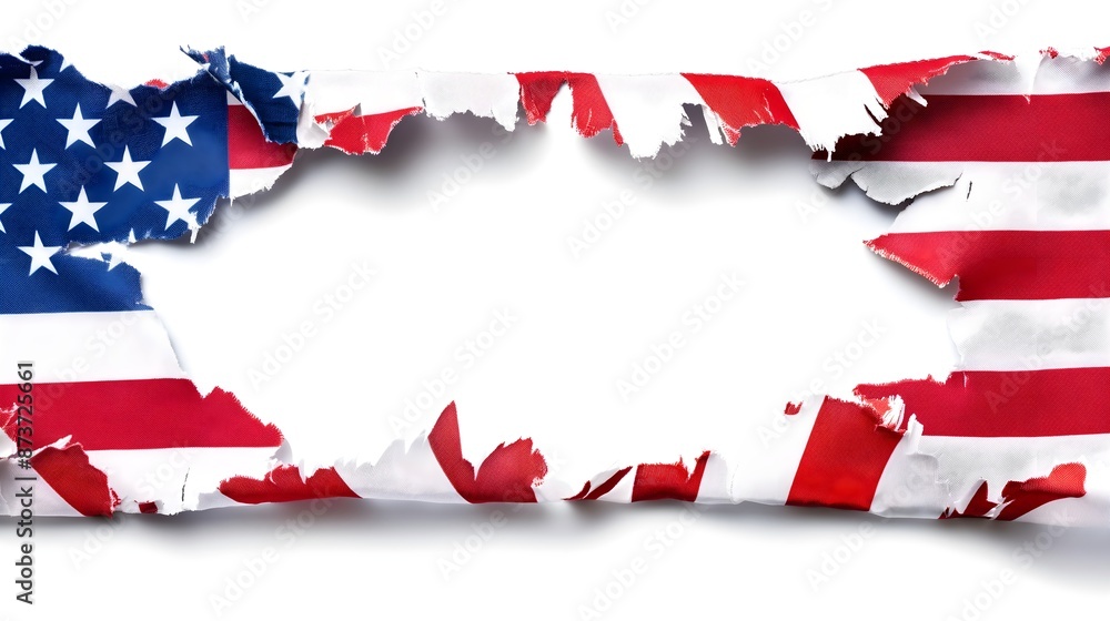 A torn American flag with the stars and stripes. The flag is ripped in ...