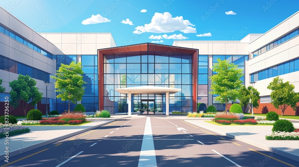 Modern hospital facade, wide angle , welcoming entrance, clear ...