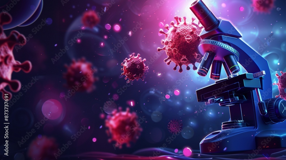of a microscope with virus particles, scientific research, detailed ...