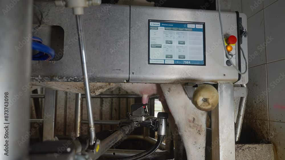 Modern milking machine attached to the cow udder at the dairy farm ...