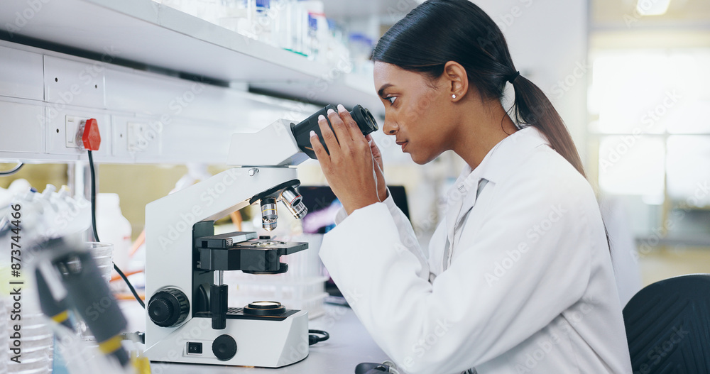 Sample, research and woman with microscope, science and check ...