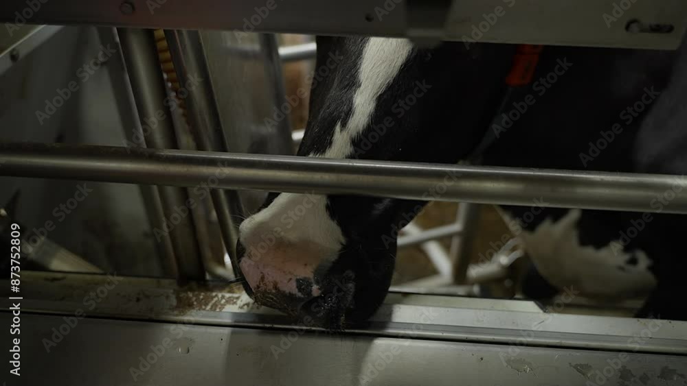 Close-up of an animal cow putting a nose outside the metal enclosure at ...