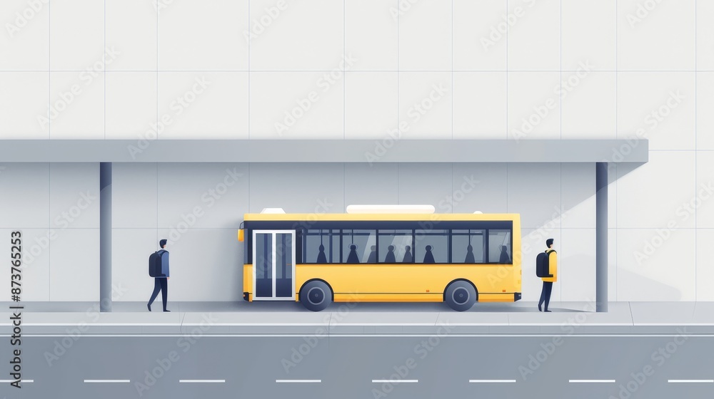 Artistic depiction of a bus stop, passengers boarding a yellow bus ...