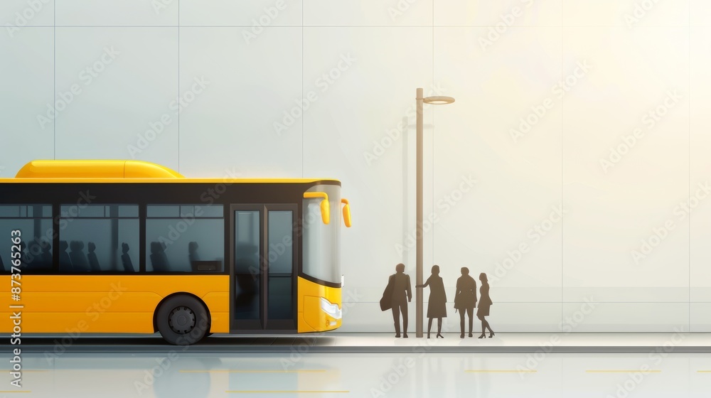 Artistic depiction of a bus stop, passengers boarding a yellow bus ...