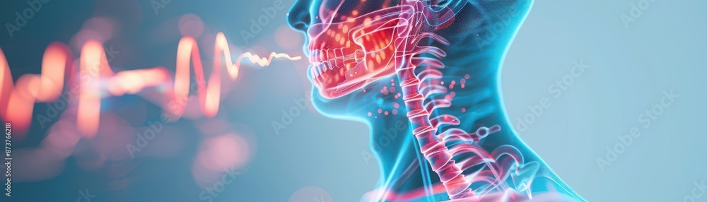 Futuristic digital illustration of human head and throat, highlighting ...