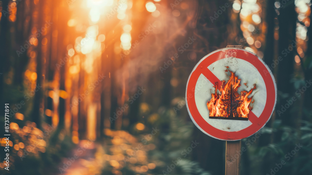 Sign prohibiting fires in front of a forest burning during summer heat ...