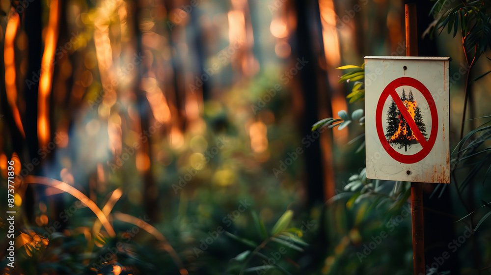Sign prohibiting fires in front of a forest burning during summer heat ...