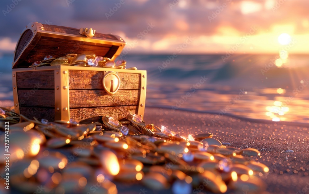 Chest overflowing with gold and gemstones on a sandy beach at twilight ...