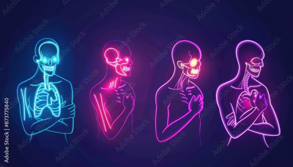 Neon illustration set of human anatomy showcasing skeletal, muscle, and ...