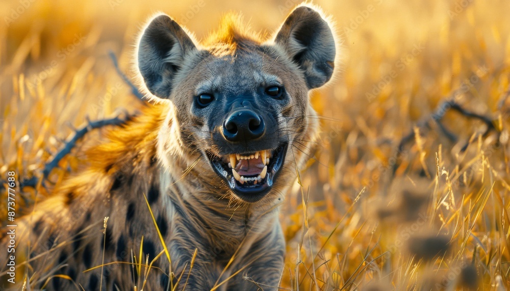 Hyena laughing in the African savanna, animal, mischievous and cunning ...