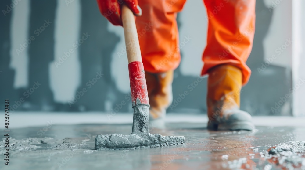 Artistic portrayal of a troweling process, with focus on the even ...