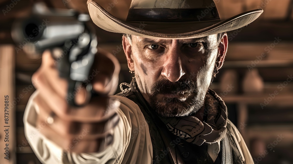 Cowboy pointing gun like in western movie, face of gunfighter man ...