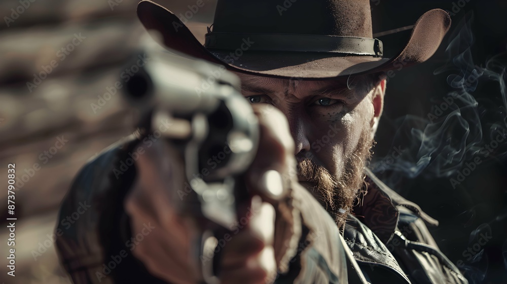 Cowboy pointing gun like in western movie, face of gunfighter man ...