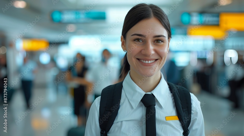Modern airport bell service with a smiling attendant helping travelers ...