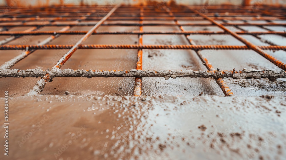 Freshly poured concrete slab with visible reinforcement bars, capturing ...